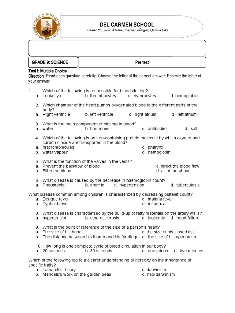 Grade 9 Science Pre-Test: Multiple Choice Questions on Blood, Heart ...