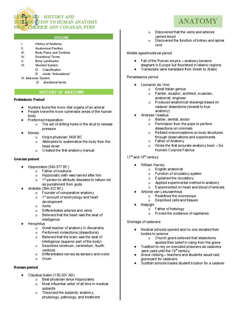 ANA - 1 - History and Introduction To Anatomy | PDF | Anatomical Terms ...