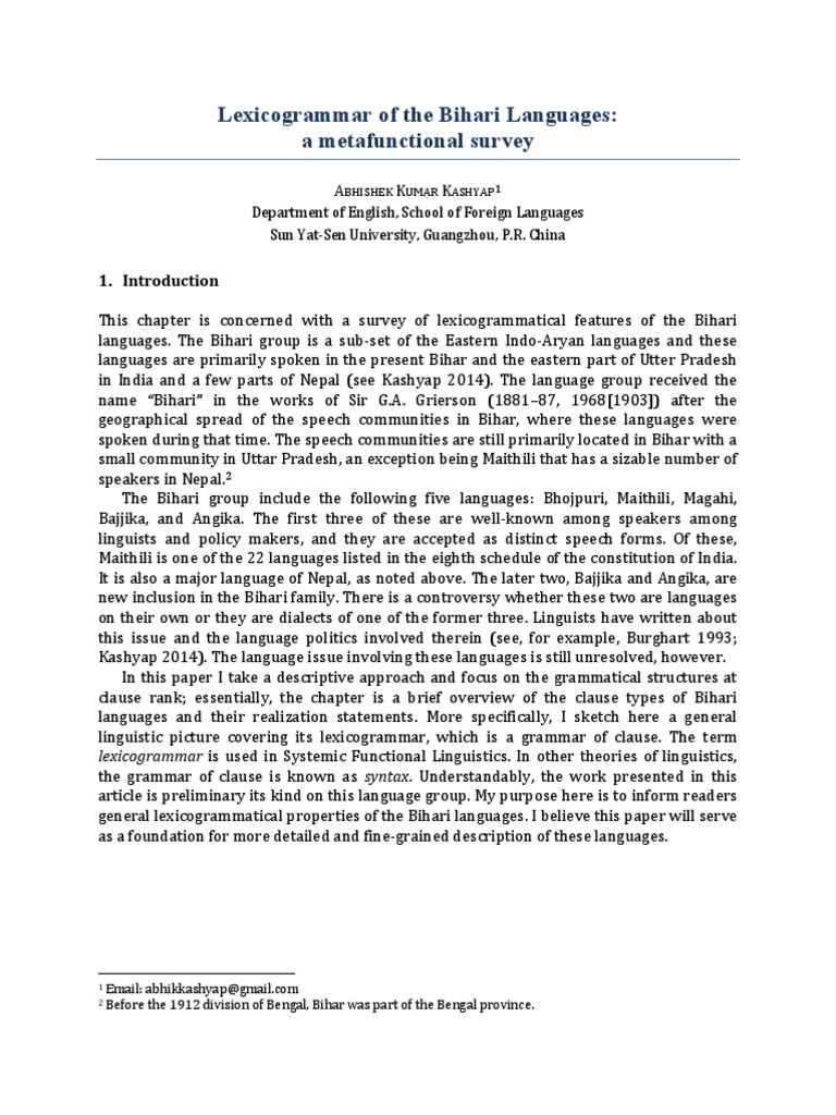 Bihari Languages Lexicogrammar | PDF | Subject (Grammar) | Morphology ...