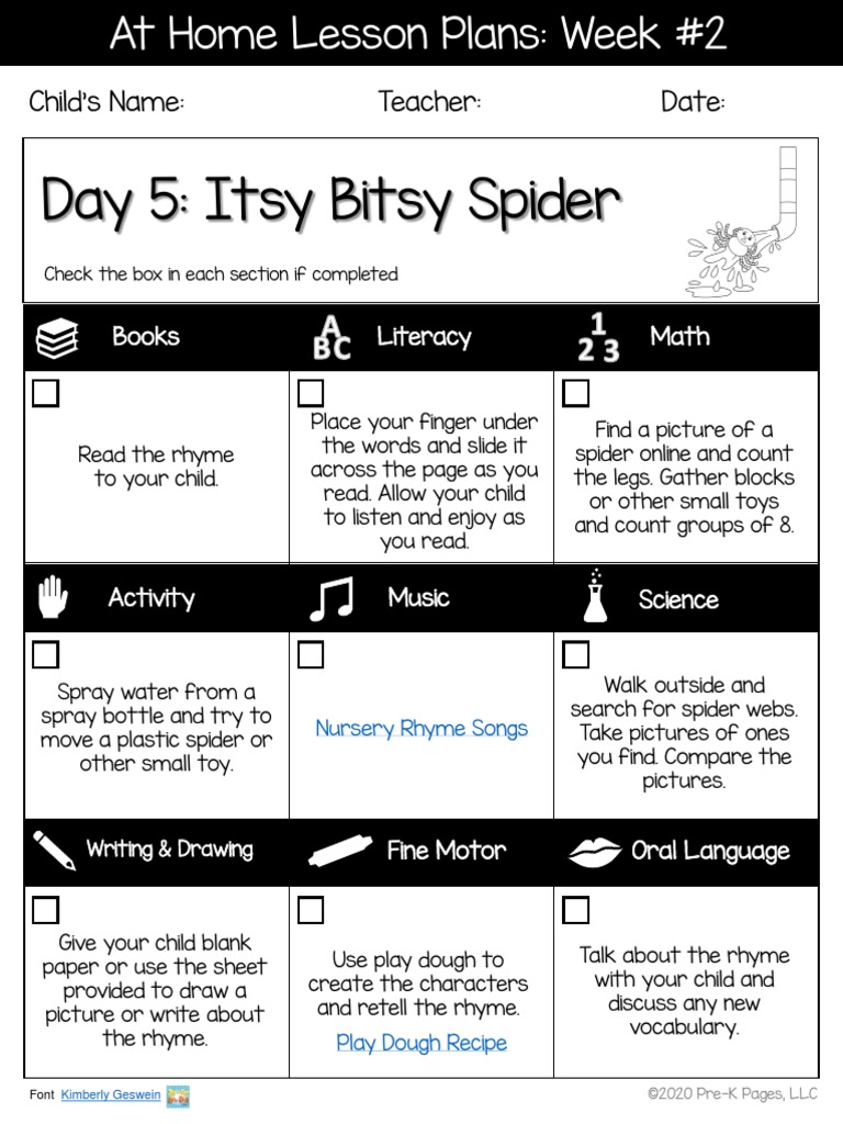 Day 5: Itsy Bitsy Spider: Date: Teacher: Child's Name | PDF