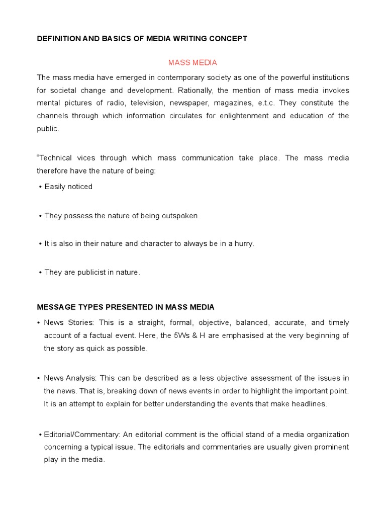 Definition and Basics of Media Writing Concept | PDF | Mass Media | News