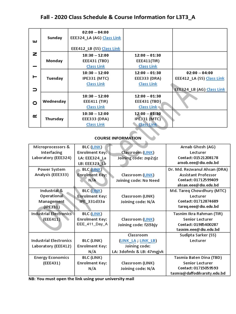 Fall - 2020 Class Schedule & Course Information For L3T3 - A: Class ...