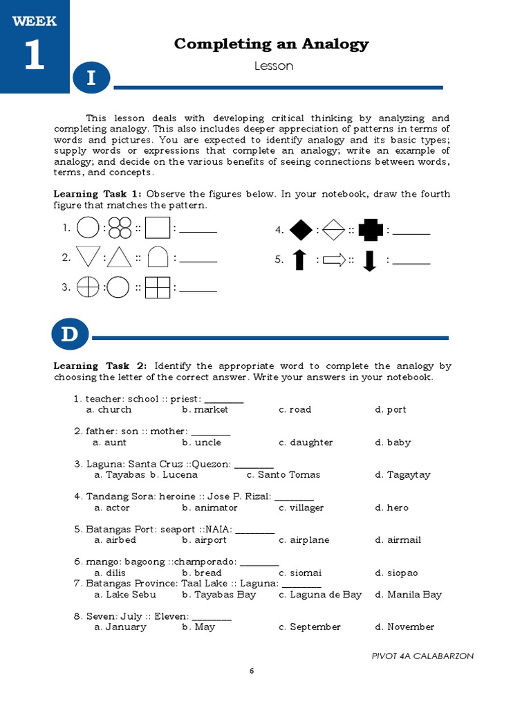 Completing Analogy ENG7 (PIVOT) | PDF | Analogy