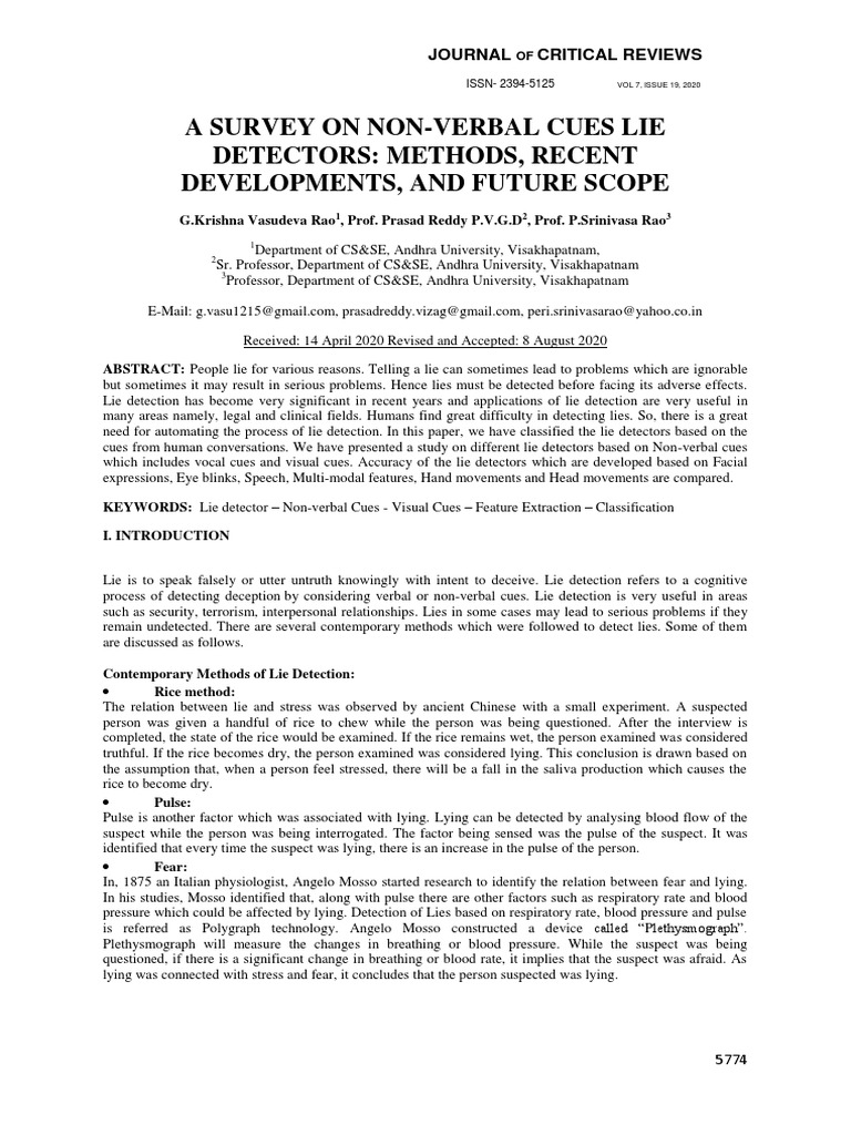 A Survey On Non Verbal Cues Lie Detectors Methods Recent Developments And Future Scope Pdf