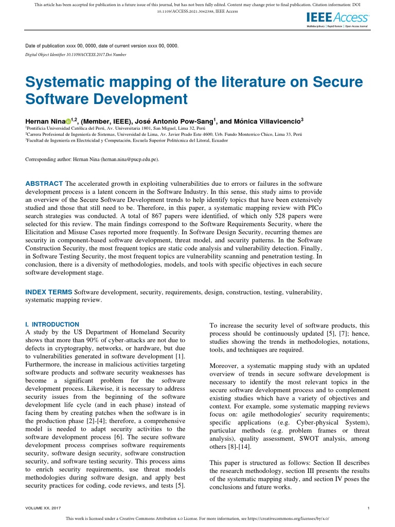 2021 - Systematic Mapping of The Literature On Secure Software Development | PDF | Software ...