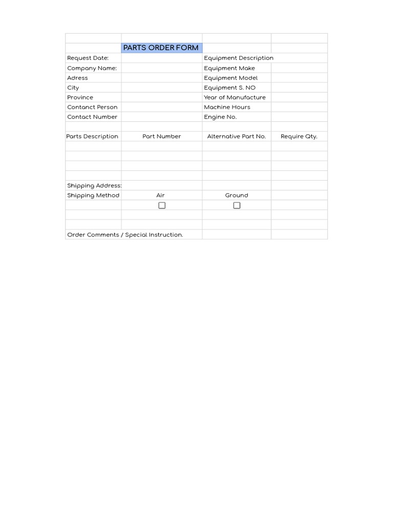 Parts Order Form - Sheet1 | PDF