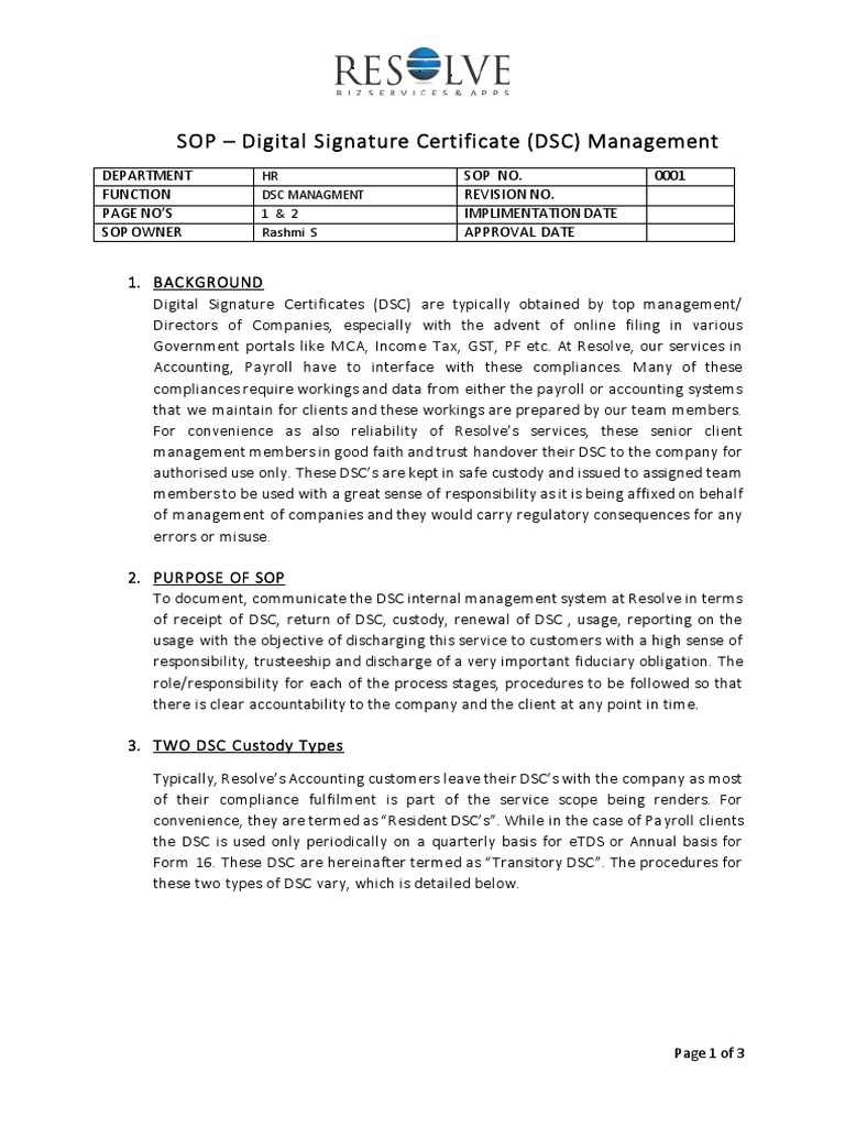 SOP For DSC Management | PDF | Receipt | Payroll