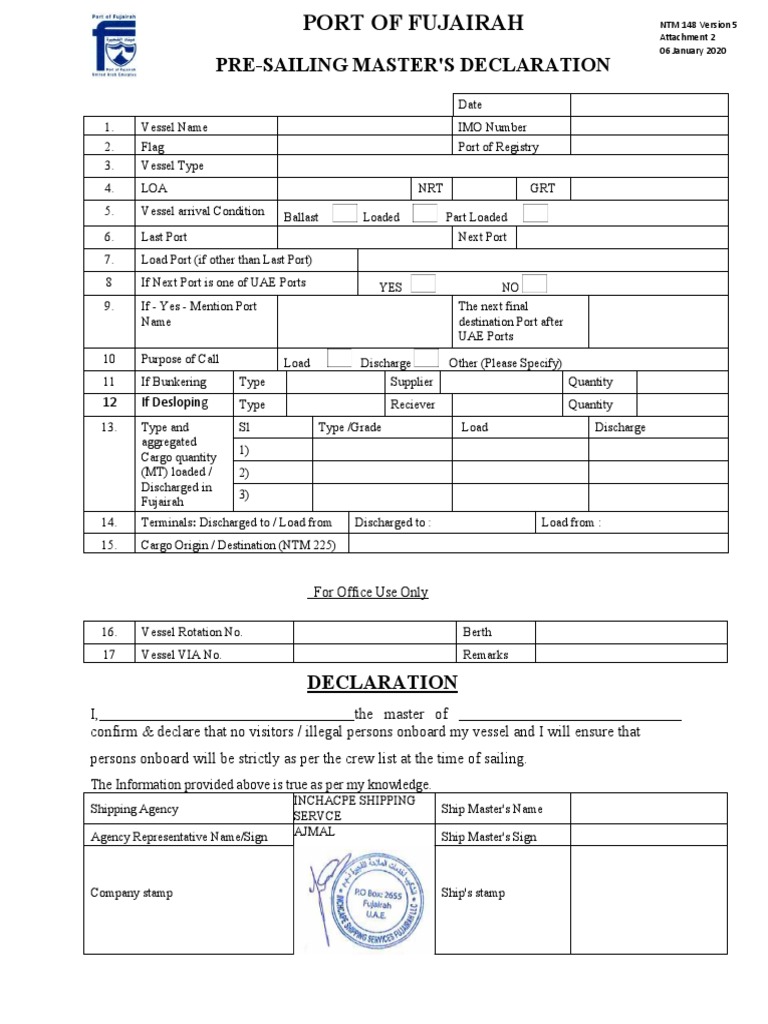 Fujairah Pre-Sailing Master's Declaration | PDF | Port | Ships