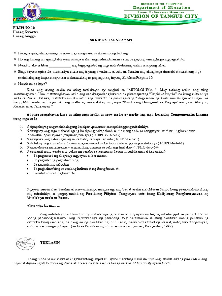 ISKRIP 1st Quarter - Filipino 10 - Week 1 SLM | PDF