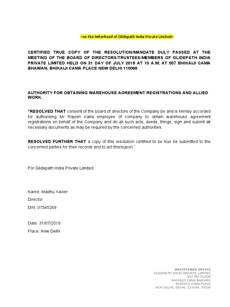 Board Resolution for Warehouse Agreement | PDF