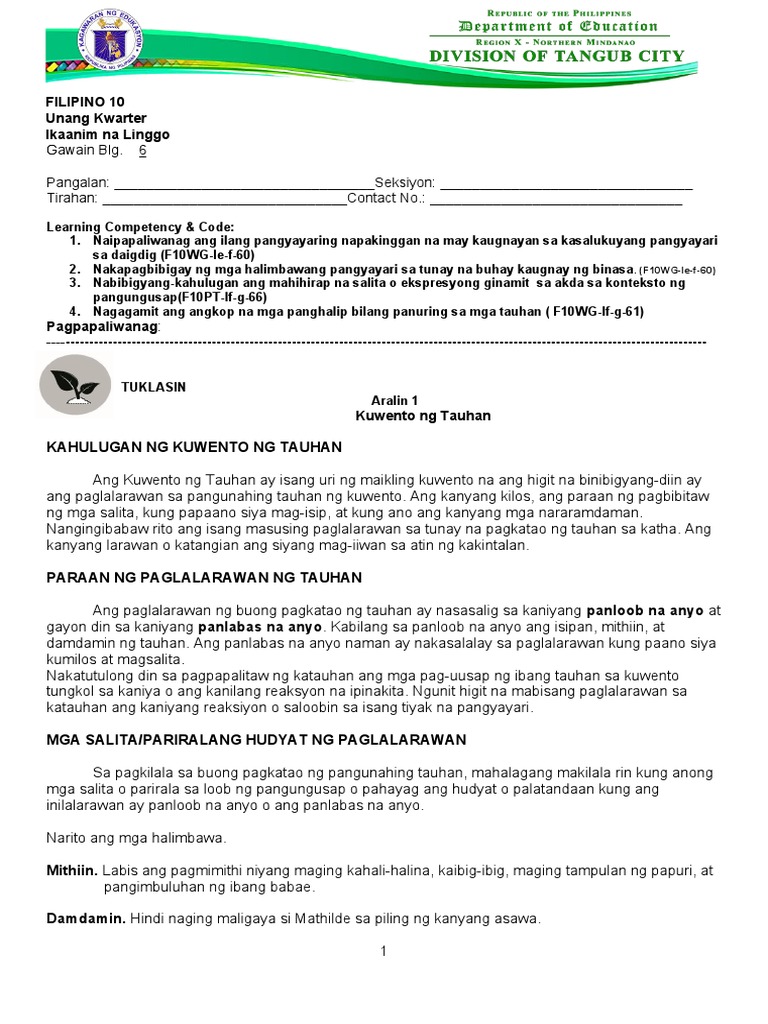 1st Quarter Filipino 10 Week 6 SLM | PDF