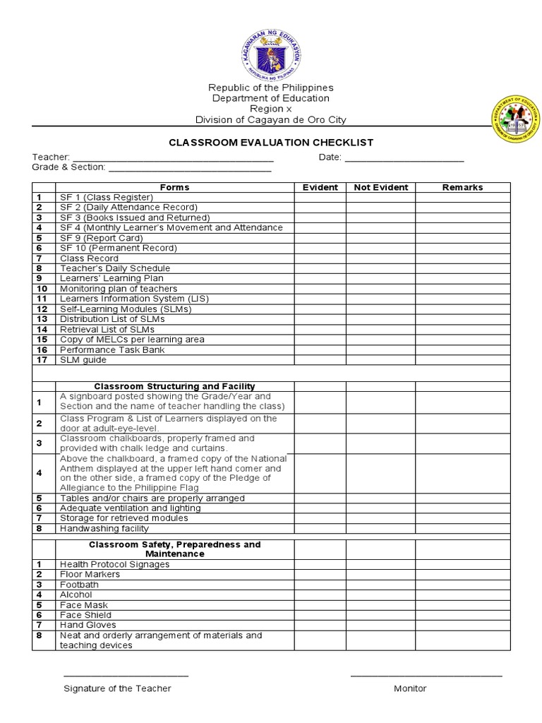 Classroom Evaluation Checklist | PDF