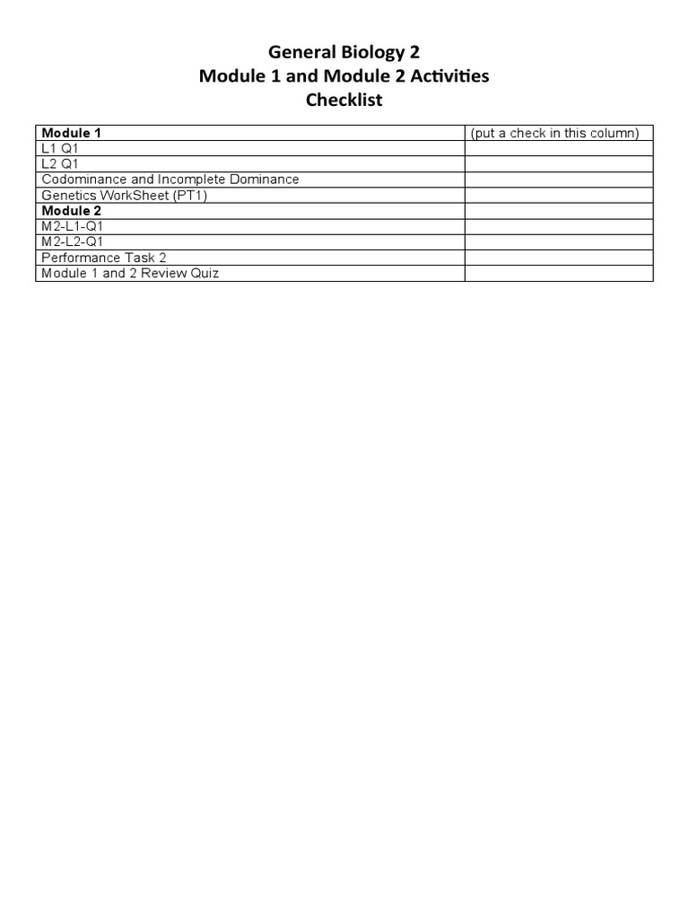 General Biology 2 Module 1 and 2 Checklist | PDF