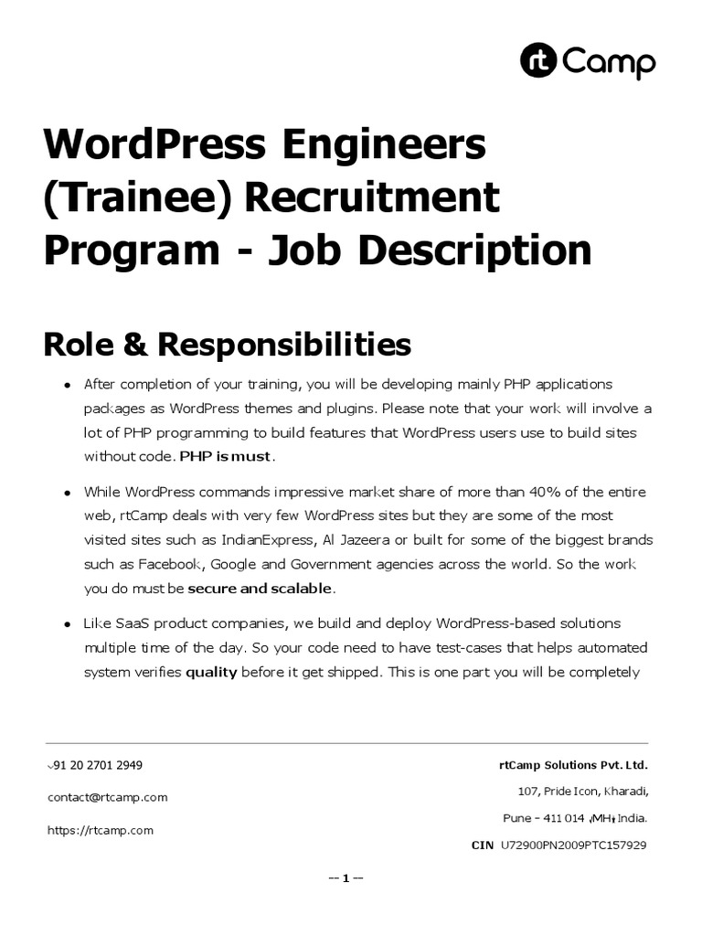 (Rtcamp) WordPress Engineers (Trainee) - Campus Job Description 2022,21,20 Batch | PDF | Word ...