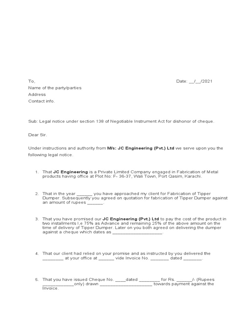 Legal Notice For Cheque Bouncing | PDF | Cheque | Negotiable Instrument