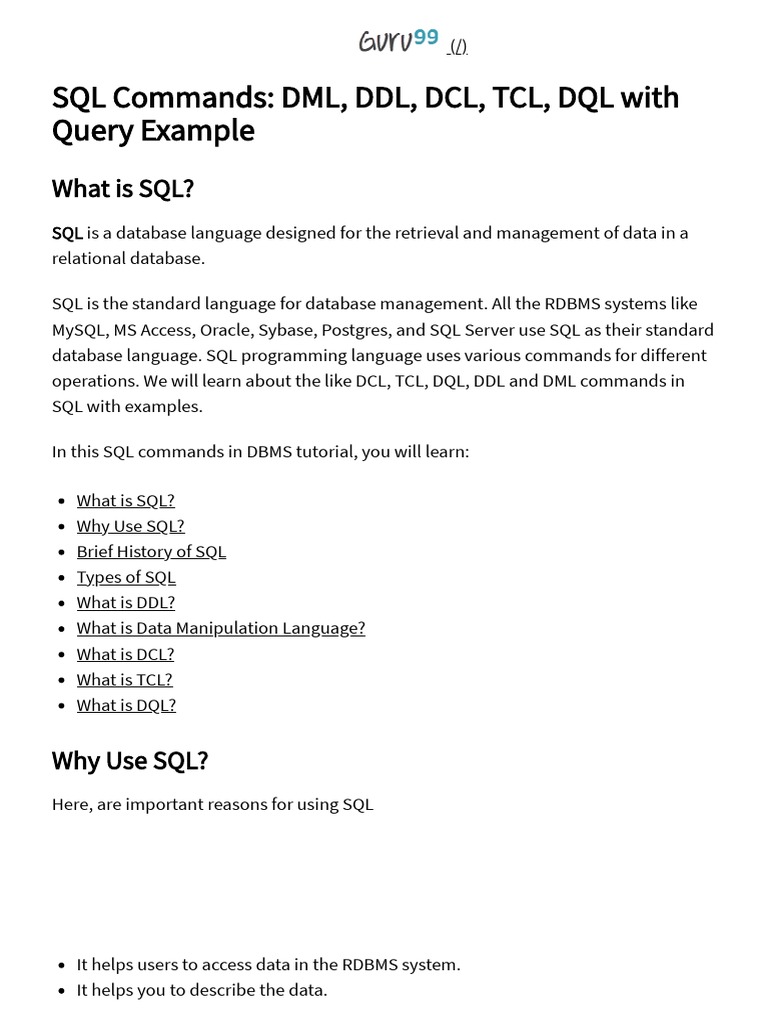 SQL Commands - DML, DDL, DCL, TCL, DQL With Query Example | PDF | Sql ...