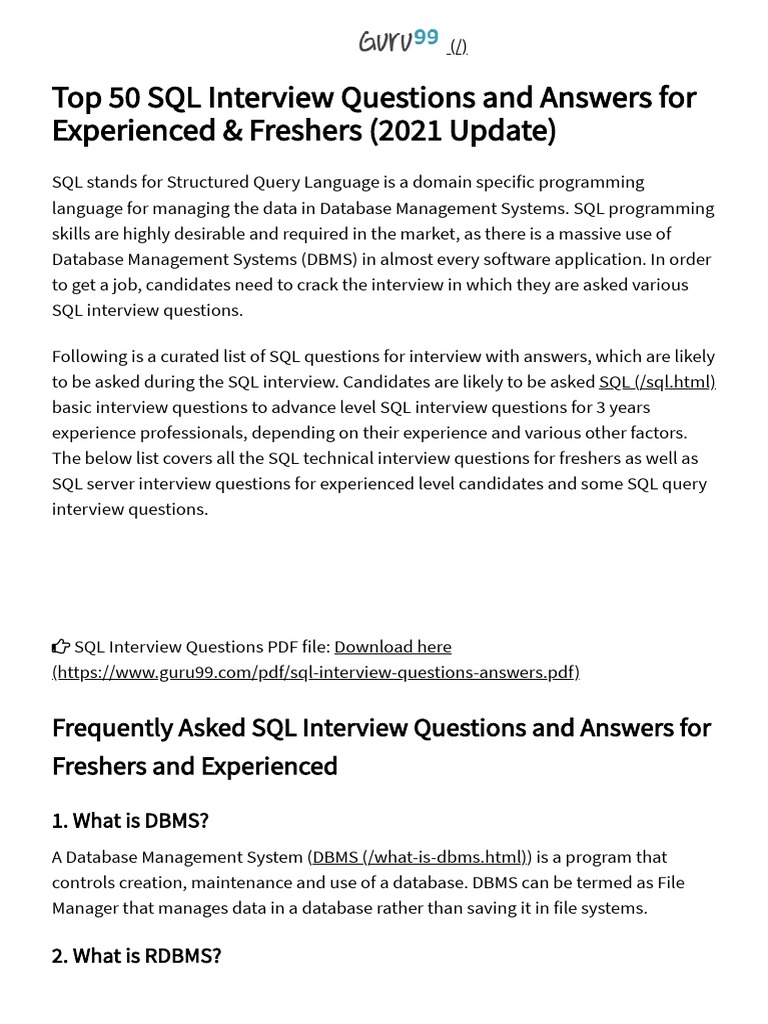 Top 50 Sql Interview Questions And Answers For Experienced And Freshers 2021 Update Pdf