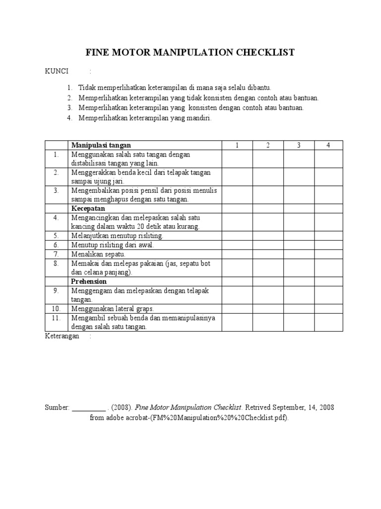 Fine Motor Manipulation Checklist | PDF