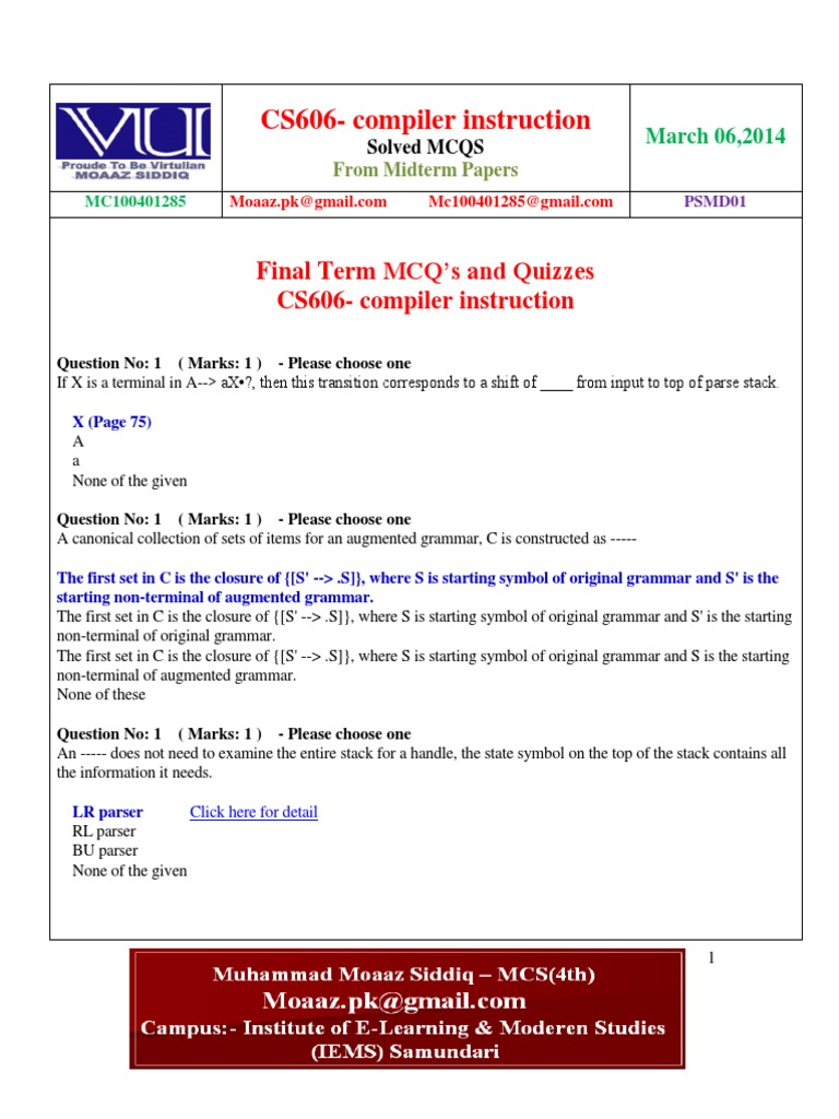Final Term MCQ's and Quizzes CS606-compiler Instruction | PDF | Parsing | Software Engineering