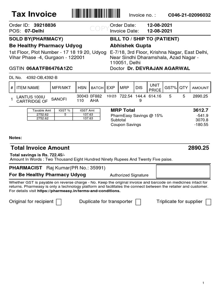 Tax Invoice: Be Healthy Pharmacy Udyog Abhishek Gupta | PDF | Economies ...