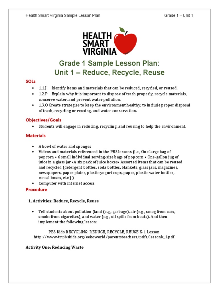 Grade 1 Lesson Plan: Reduce, Recycle, Reuse | PDF | Reuse | Recycling