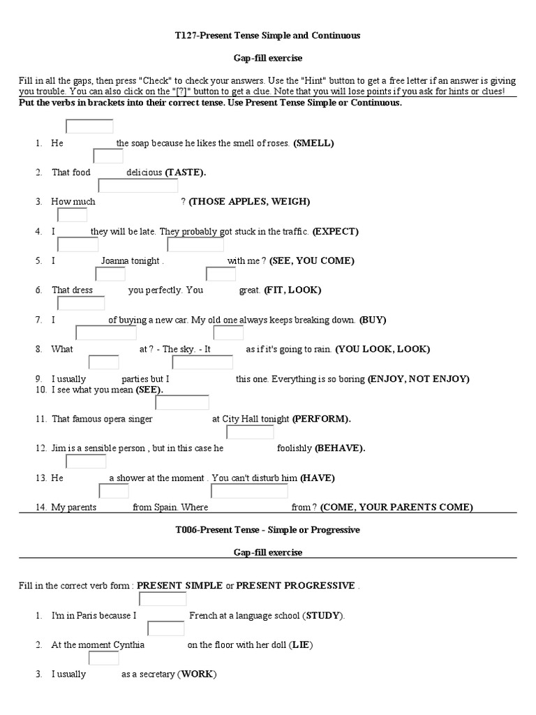 T127-Present Tense Simple and Continuous Gap-Fill Exercise | PDF