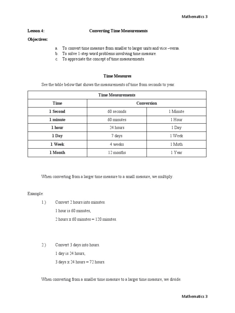 Lesson 4 - Converting Time Measurements | PDF | Mathematics