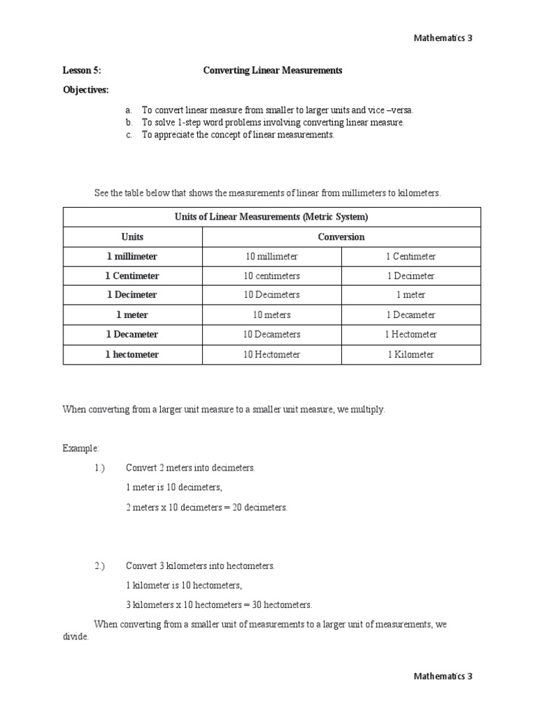 Lesson 5 - Converting Units of Measurements | PDF | Metre | Measurement
