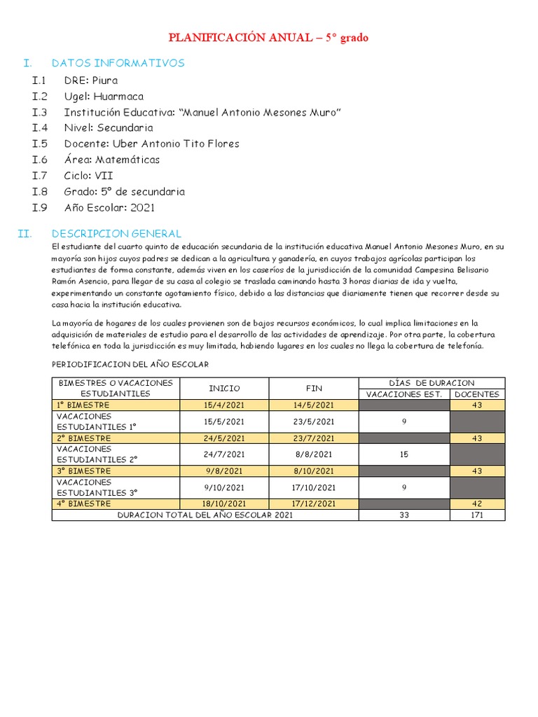 Planificación Anual 5to Grado - 2021 | PDF | Ecuaciones | Muestreo ...