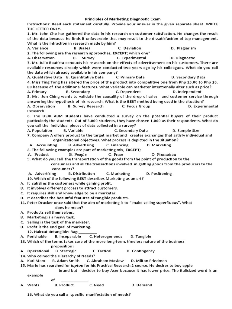 Principles of Marketing Diagnostic Exam | PDF | Marketing | Market ...