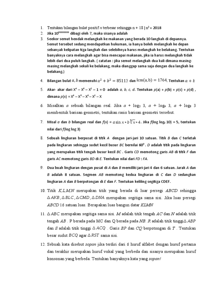 Soal Olimpiade MTK KIR 2018 | PDF | Metode & Bahan Ajar