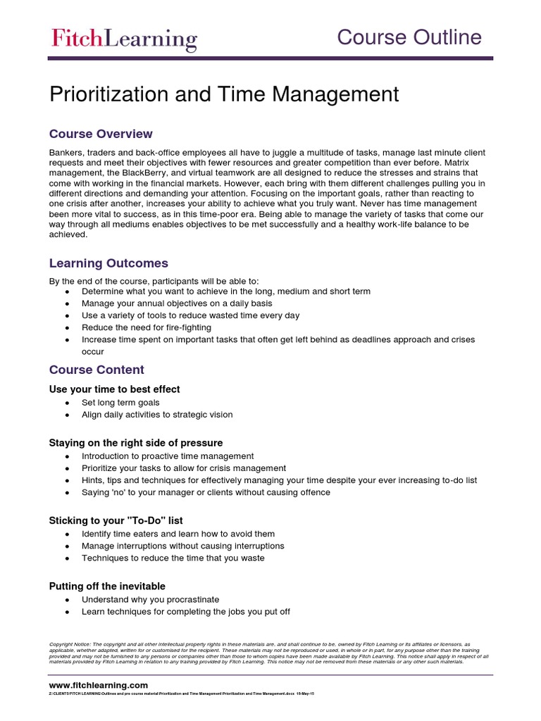 Prioritization and Time Management: Course Outline | PDF | Time ...