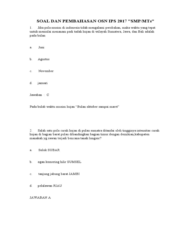 Soal Dan Pembahasan Osn Ips 2017 | PDF