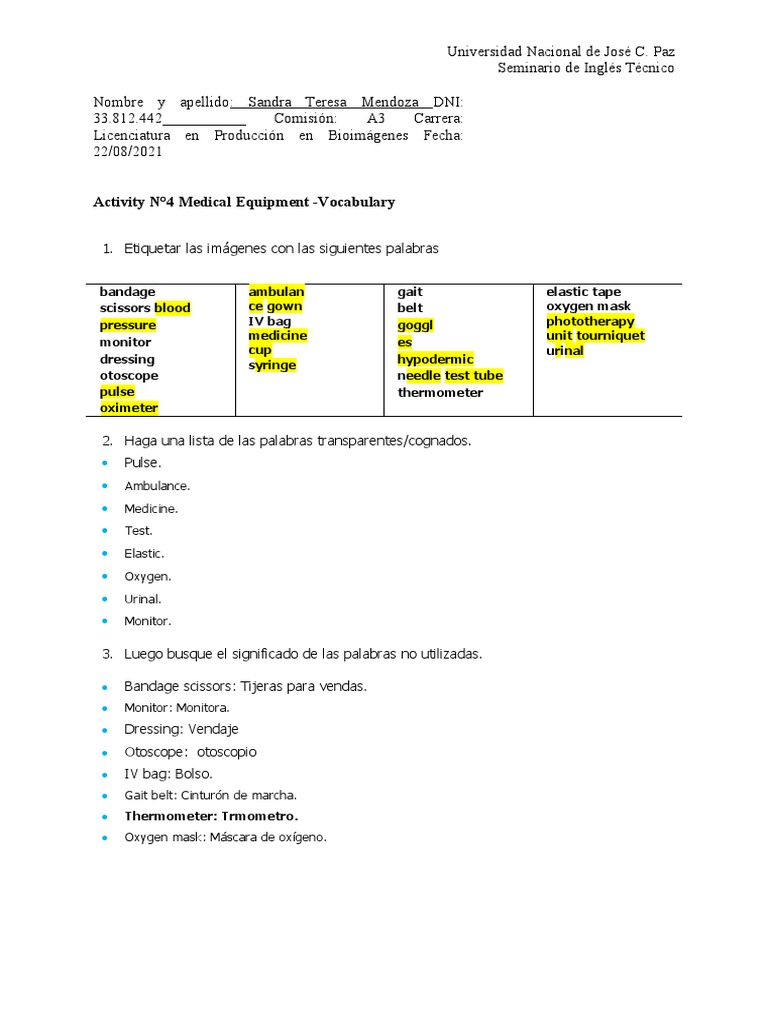 Activity N°4 Medical Equipment - Vocabulary | PDF