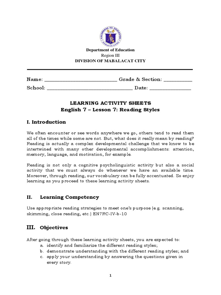 Name: - Grade & Section: - School: - Date | PDF | Speed Reading | Cognition