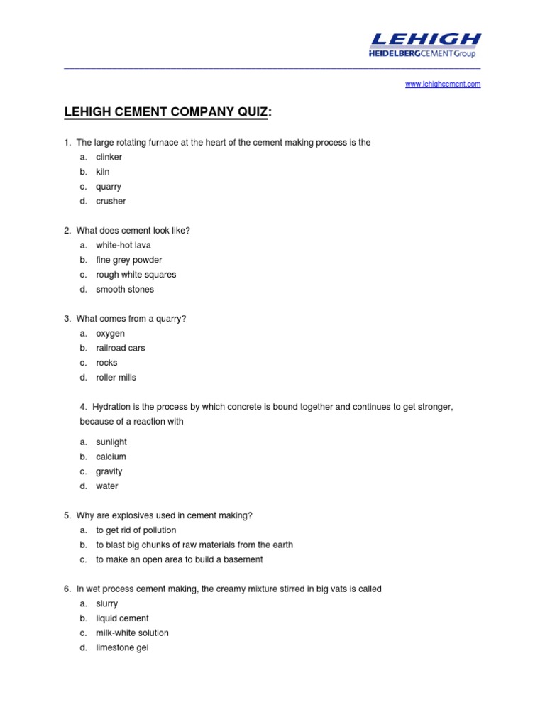 Lehigh Cement Company Quiz Guide | PDF | Cement | Concrete