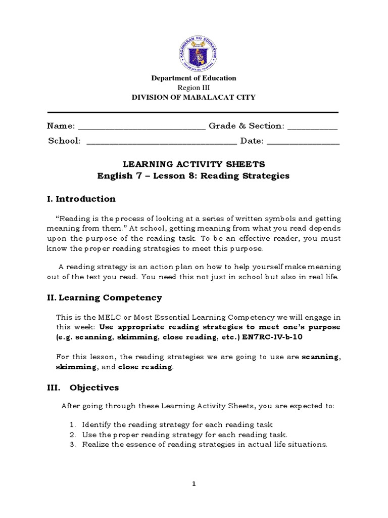 English7 Q1 Wk8 Use Appropriate Reading Strategies To Meet Ones Purpose | PDF | Speed Reading