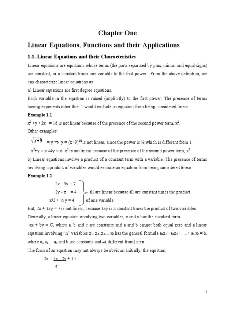Chapter 1 Linear Equations, Functions and Their Applications | PDF ...