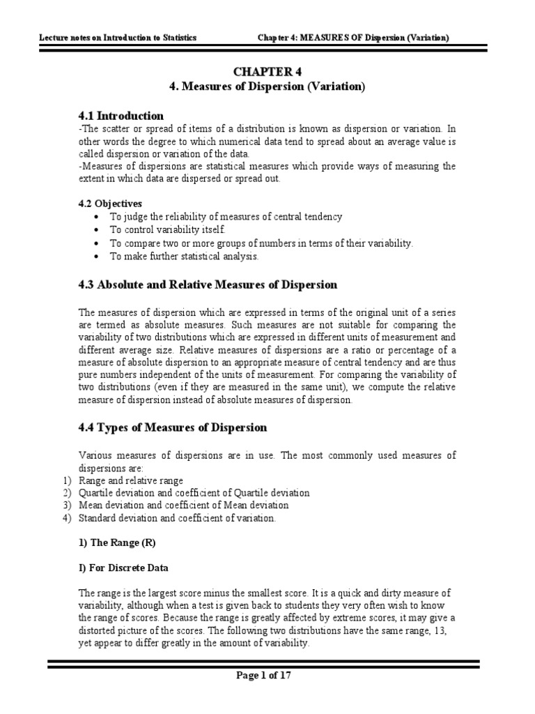 CHAPTER 4 Measures of Dispersion (Variation) | PDF | Variance | Mean