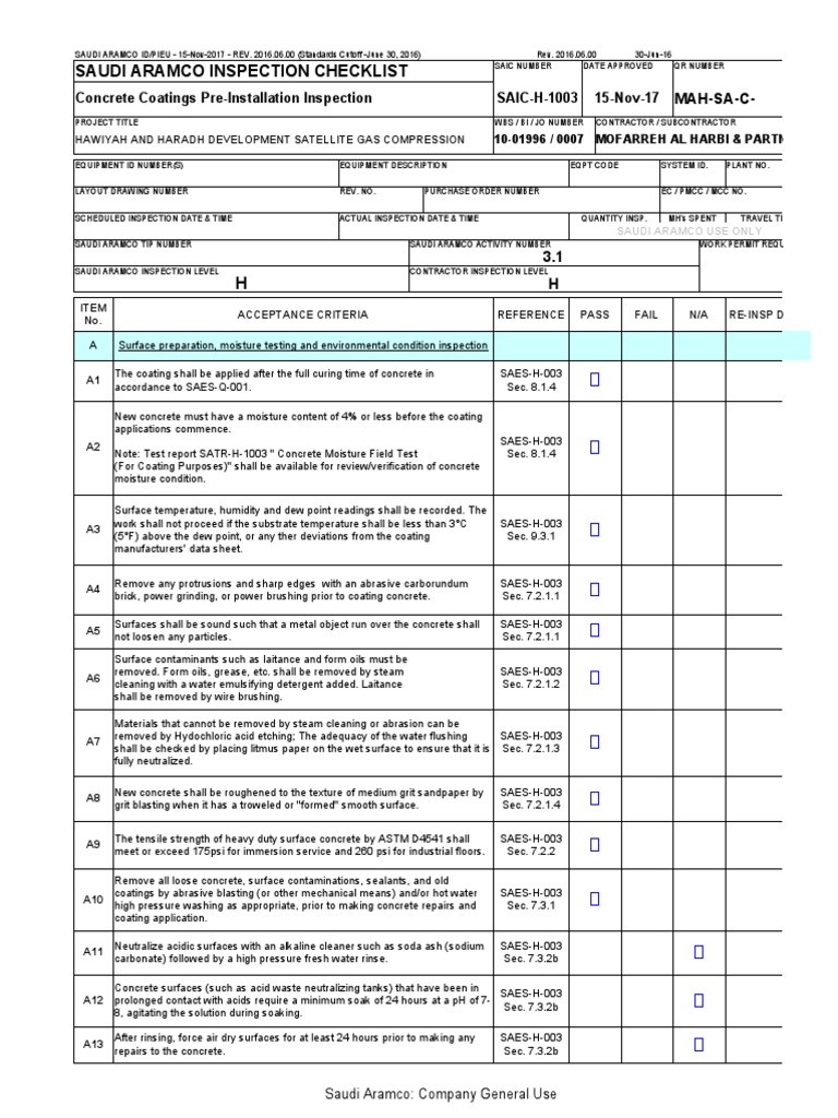 Saudi Aramco Inspection Checklist: Concrete Coatings Pre-Installation ...