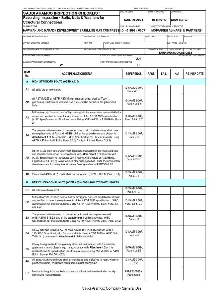 Saudi Aramco Inspection Checklist: Receiving Inspection - Bolts, Nuts ...