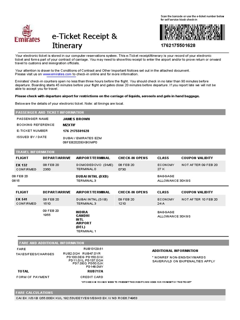Emirates e Tickets Example | PDF | Service Industries | Aviation