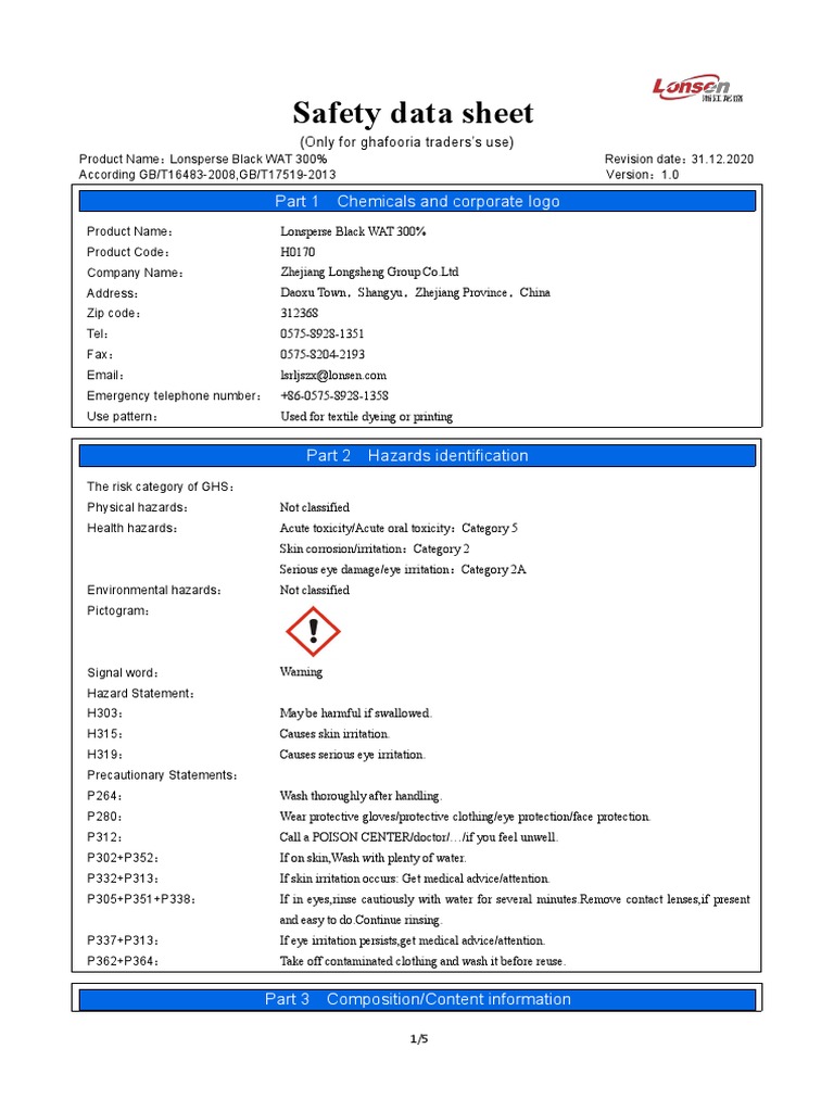 Safety Data Sheet: Part 1 Chemicals and Corporate Logo | PDF ...
