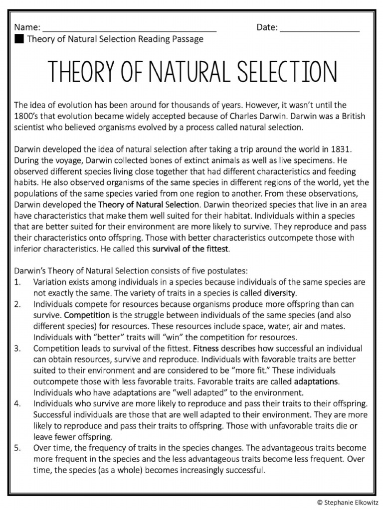 Sube - Theory of Natural Selection Reading Passage Fillable Slide | PDF