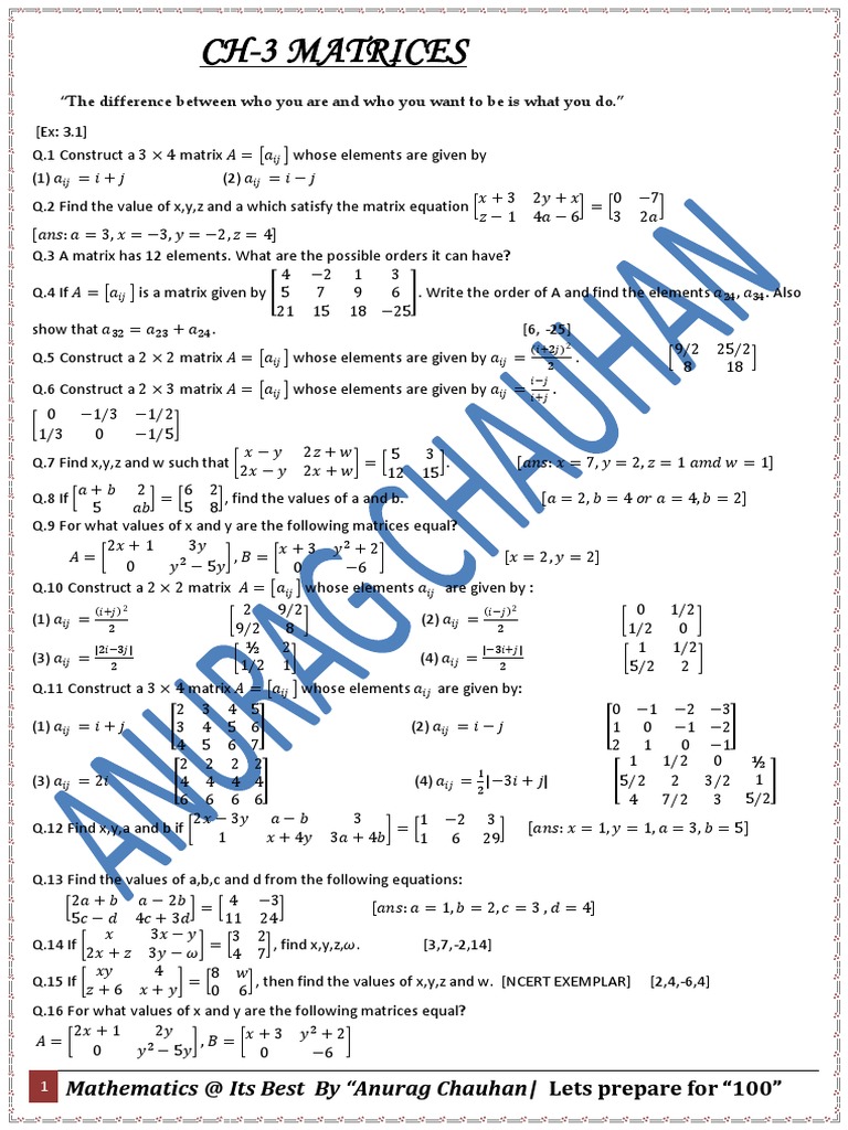 Ch-3 Matrices: Mathematics at Its Best by "Anurag Chauhan - Lets Prepare For "100" | PDF ...
