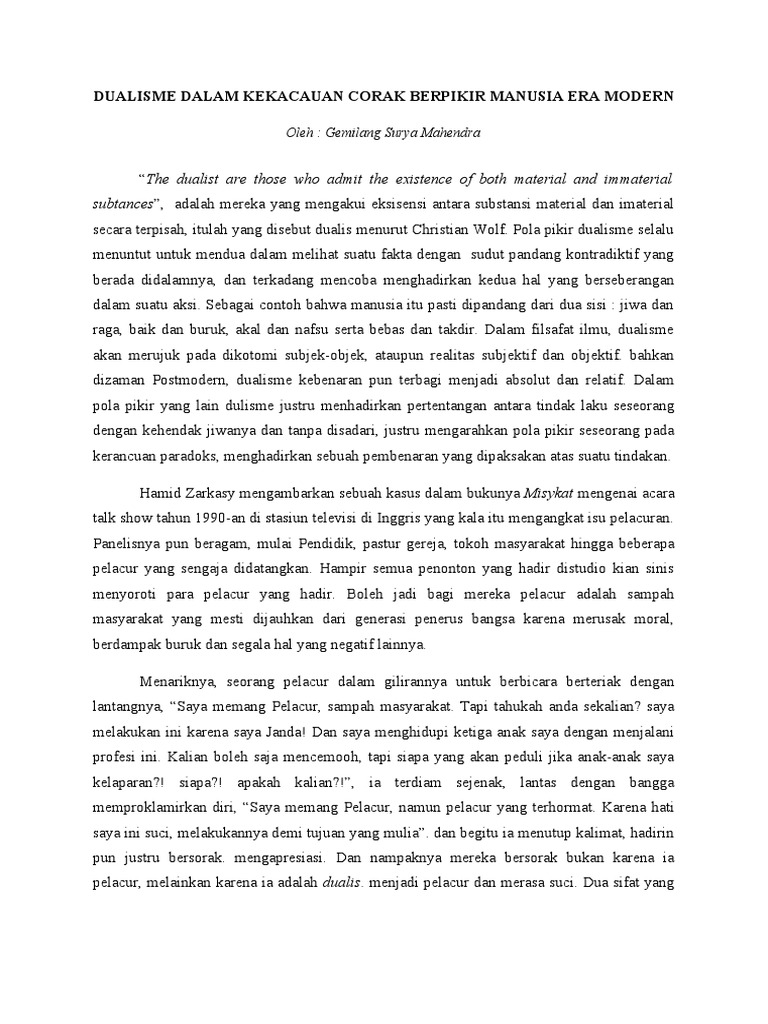 Dualisme Dalam Kekacauan Corak Berpikir Manusia Era Modern | PDF | Filsafat