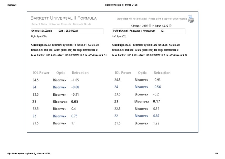 Barrett Universal II Formula V1.05 | PDF | Electromagnetism | Ophthalmology