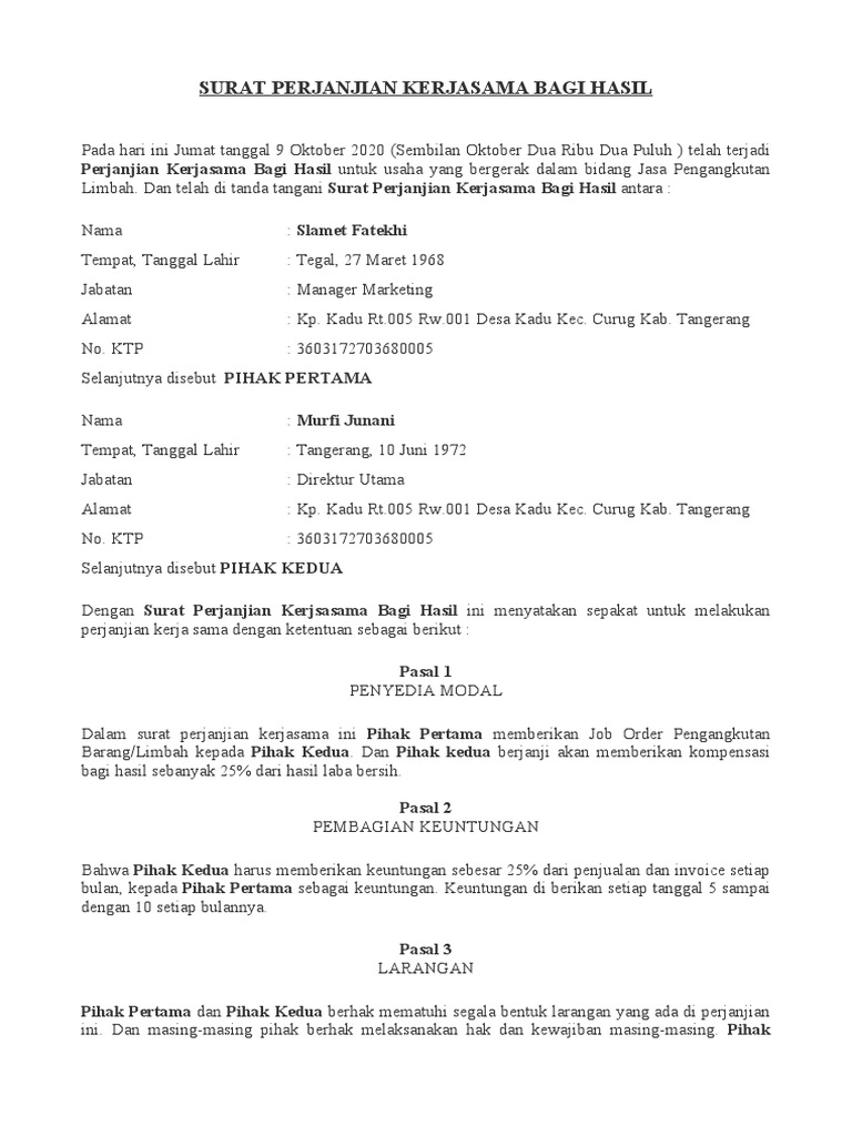 Perjanjian Kerjasama Bagi Hasil | PDF