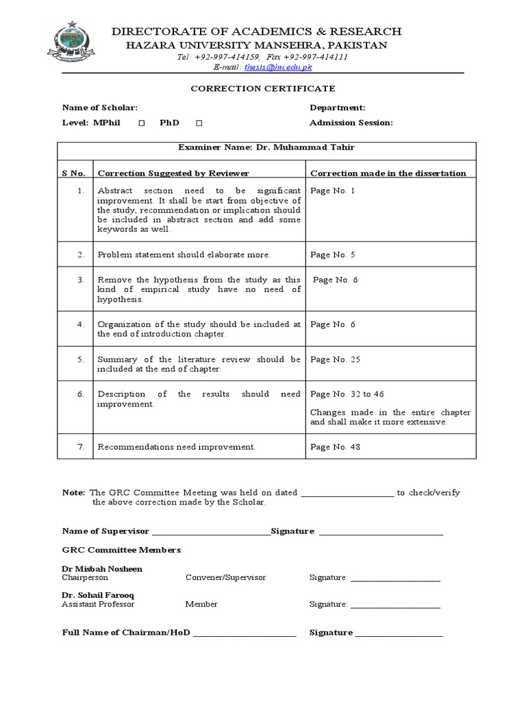 Patern of Thesis Correction Certificate Hazara Ni Mansehra | PDF | Thesis | Academia