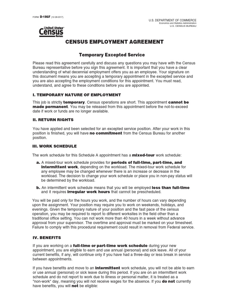 Census Employment Agreement: Temporary Excepted Service | PDF ...
